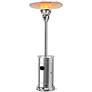 Tangkula 48,000 BTU Outdoor Patio Heater with Wheels, Stainless Steel Propane Heater with Tip-Over & Flameout Protection, Propane Gas Heater with Drink Shelf Table for Commercial & Residential