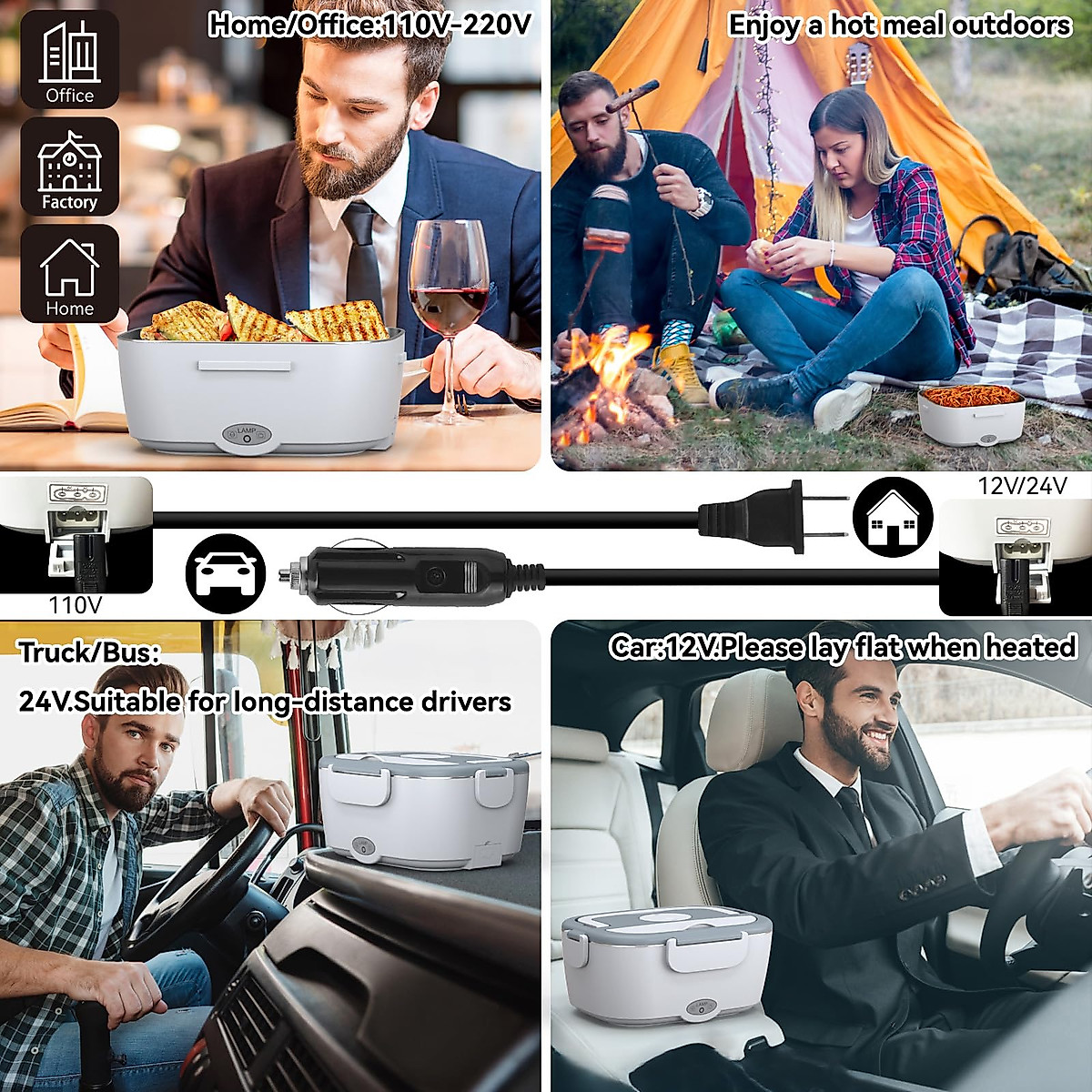 Electric Lunch Box Food Heater for Work, 80 W Food Warmer for Car Truck Travel with 2 Stainless Steel Containers 1.5 Liters Potable Self Heating lunch Box for Adults lonchera eléctrica portátil