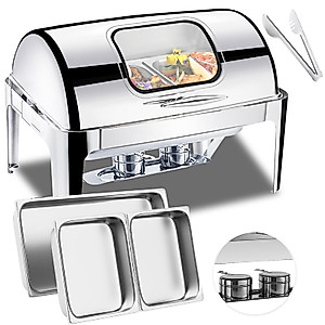 Kweetle Roll Top Chafing Dish Buffet Set Warmers with Cover 2 Pans 9.5Quart for Buffet Commercial Food Warmer Steam Table
