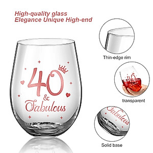 Stemless Wine Glass Rose Gold Birthday Wine Glass Present Anniversary Glasses for Man Women Birthday Party Wedding Anniversary Decorations, 17 oz (40 and Fabulous)