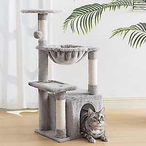 Kilodor Cat Tree, Small Cat Condo Tower with Hammock, Sisal Scratching Post for Kitten Grey