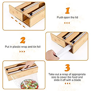 Wownic Wrap Dispenser 2 in 1 with Cutter and Labels Carved | WrapNeat Plastic Wrap Organizer | Foil and Wax Dispenser for Kitchen Drawer | Bamboo Roll Organizer Holder | Compatible with 12" Roll