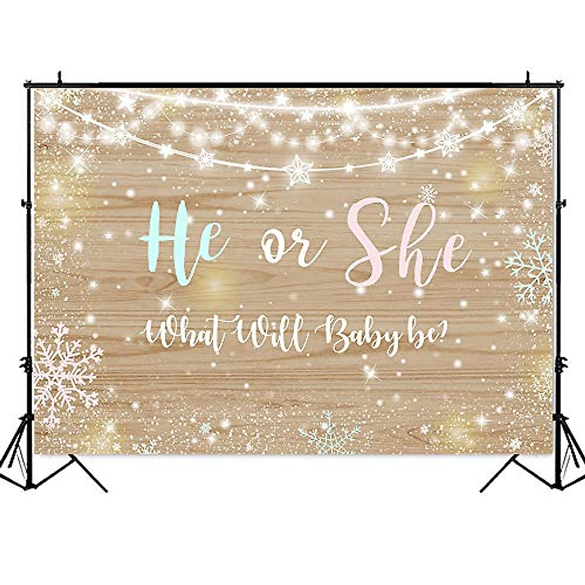 Avezano Winter Gender Reveal Backdrop, 7x5ft Vinyl Rustic Wood Snowflake Gender Reveal Party Decorations Twinkle Lights Gender Reveal Banner Photography Background