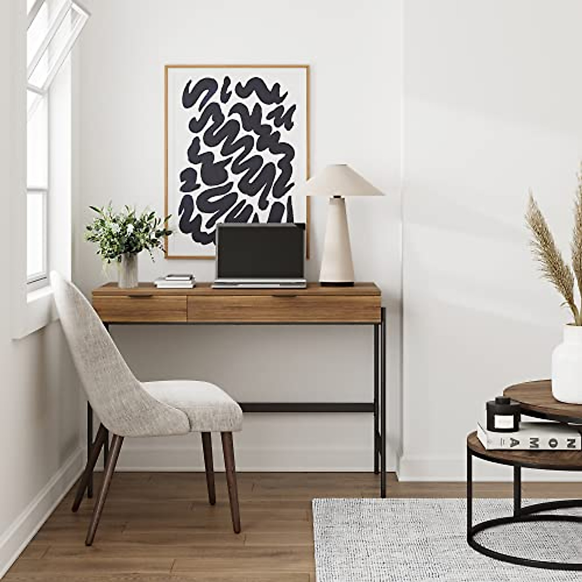 Nathan James Sophie Solid Computer Study Table for Home Office or Writing Desk with Drawers for Storage and Modern Metal Frame with Rustic Wood Top, Light Walnut/Black
