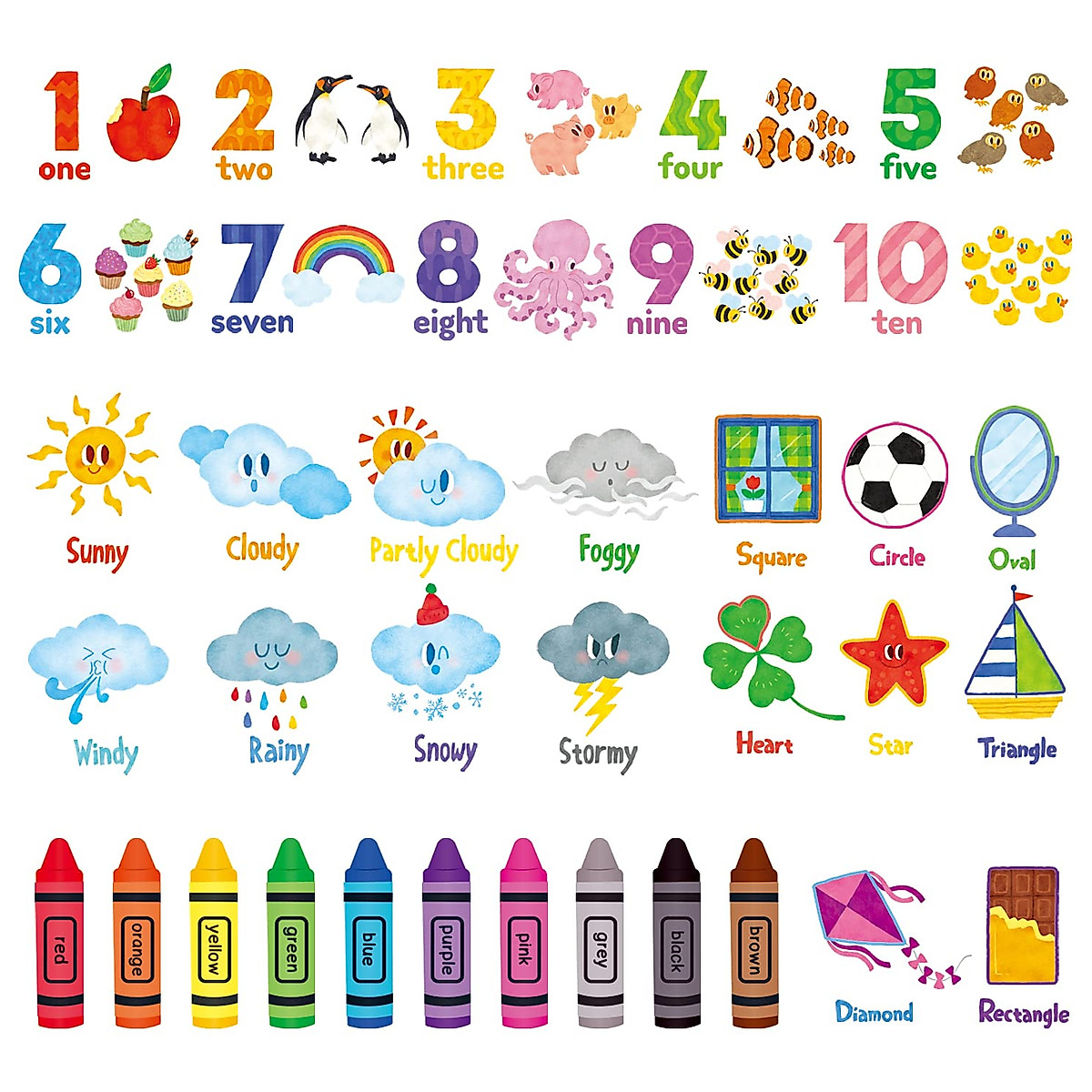 DECOWALL DS9-8056 Numbers Crayons Weather and Shape Wall Decals Stickers Kids Nursery Classroom Bedroom Room décor playroom Stick Peel Educational Removable Colorful Living Decal Animal Learning