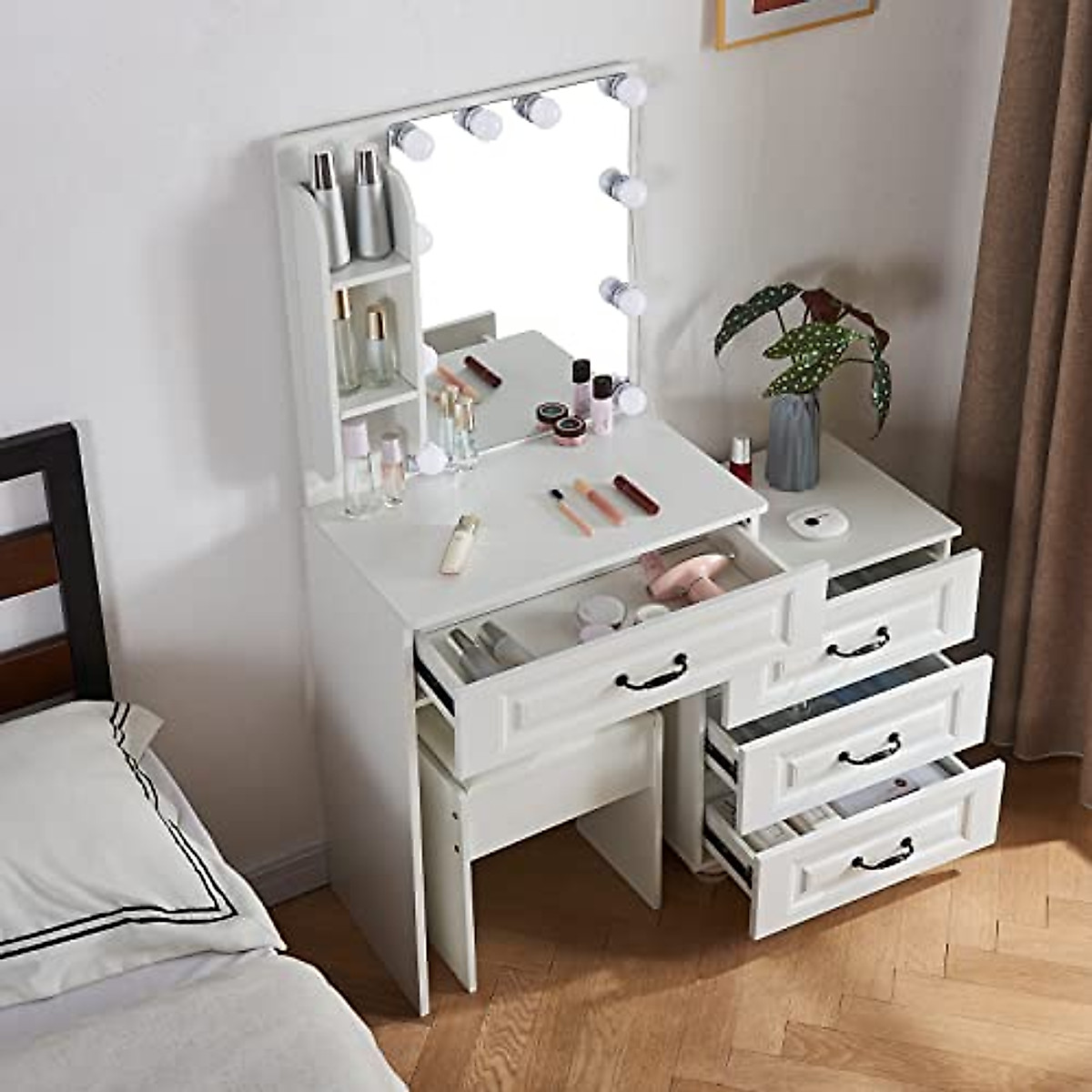 Xinhonglei Modern Makeup Vanity Dressing Table with 10 Led Lights Mirror, Vanity Desk with 4 Drawers & Stool, White Large Vanity Set for Women Girls' Bedroom Furniture