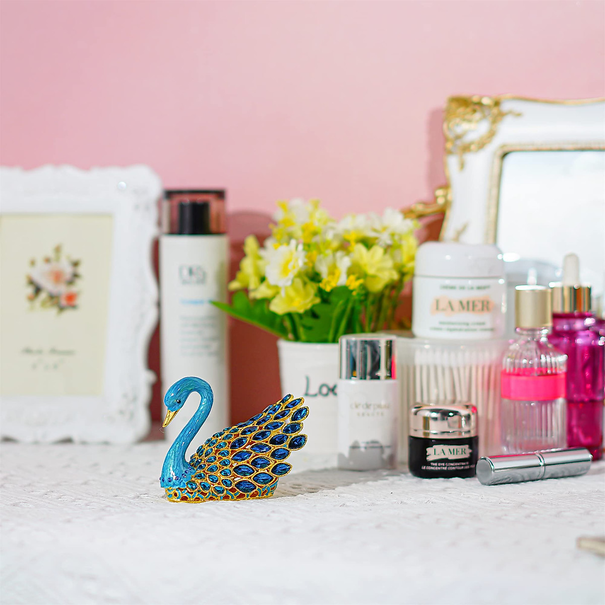 YU FENG 3.7inch Enamel Blue Gems Swan Trinket Box Hinged Hand-Painted Jewelry Storage Ring Holder Keepsake Box Animal Figurine Collectible Wedding Favor Gift