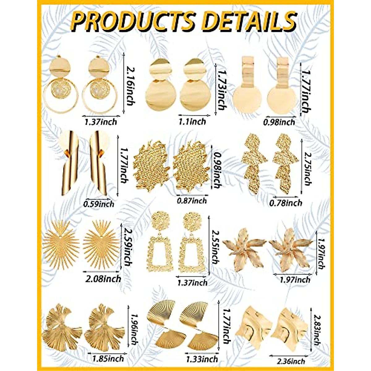 CASDAN 12 Pairs Gold Geometric Earrings Exaggerated Statement Earrings for Women Punk Stylish Sectored Twisted Ginkgo Leaf Earrings Jewerly Gift