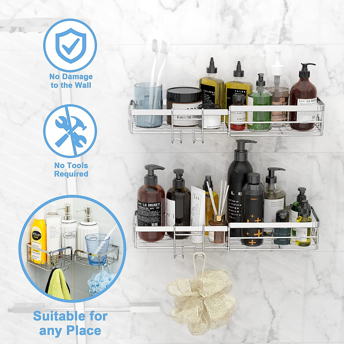 ETECHMART Corner Shower Caddy, 0°- 330°Rotation Adhesive Shower Shelves Organizer for Bathroom, SUS304 Rustproof Floating Storage Rack for Inside with Hooks, No Drilling - 2 Pack/Sliver