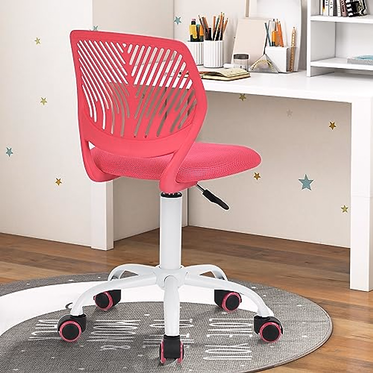 Desk Chair Armless Small Study Chairs Armless for Child Kids Teens, Ergonomic Swivel Rolling Lightweight Task Chair with Wheels and Mesh Padded Cushion, Pink
