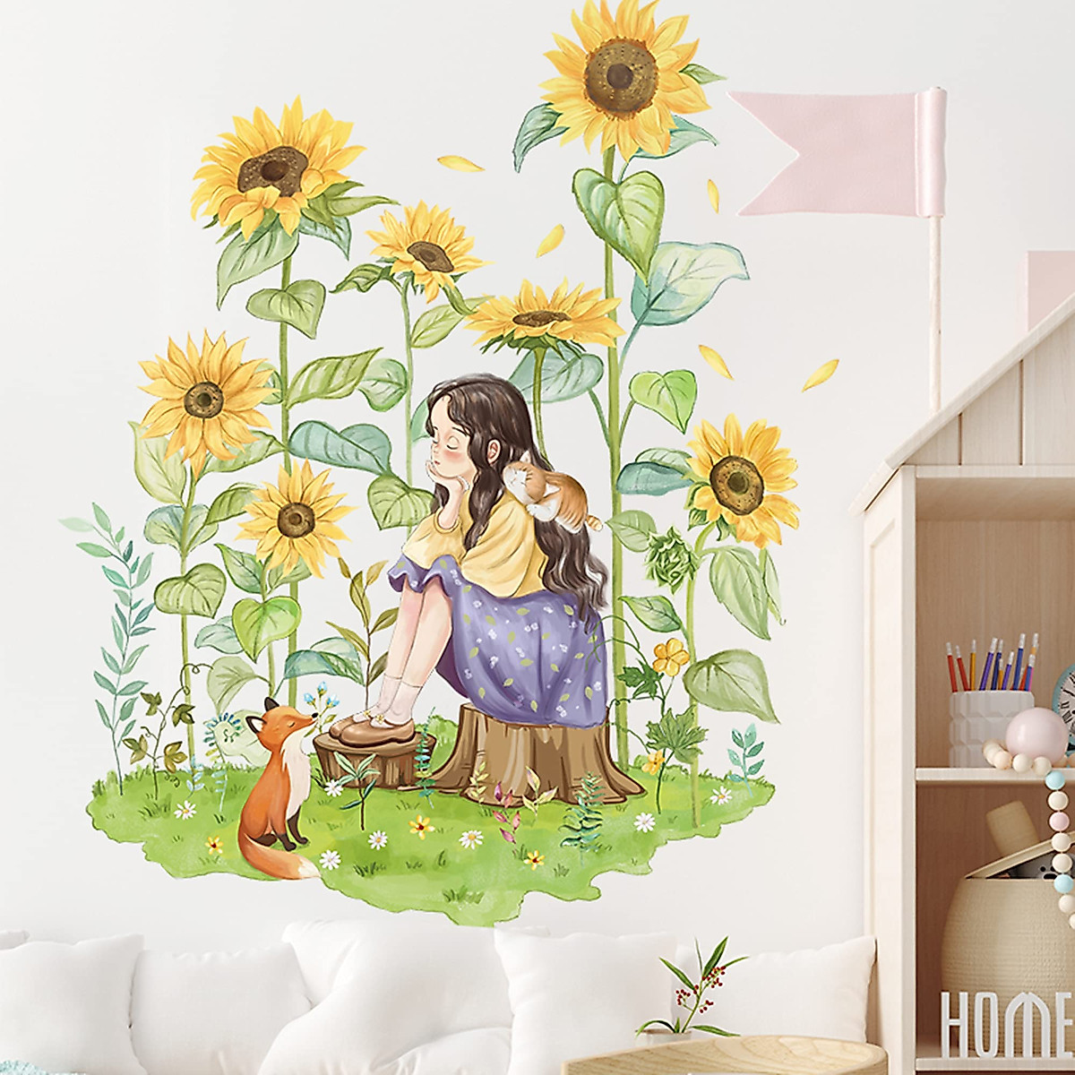 Sunflower and Girl Wall Decals Garden Flower Wall Stickers Bedroom Living Room TV Wall Art Decor Murals 29 in X 33 in (Sunflower and Girl)