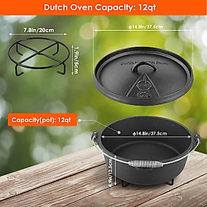 LIFERUN Dutch Oven Pot with Lid, 12 Quart Cast Iron Dutch Oven, without Feet, with Stand & Spiral-shaped Handle, Cast Iron Pot for Outdoor & Indoor