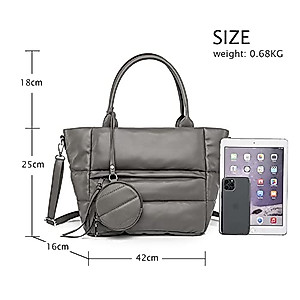 MYHOZEE Puffer Tote Bag, Large Padding Tote Handbags for Women Waterproof Quilted Crossbody Bags Gray