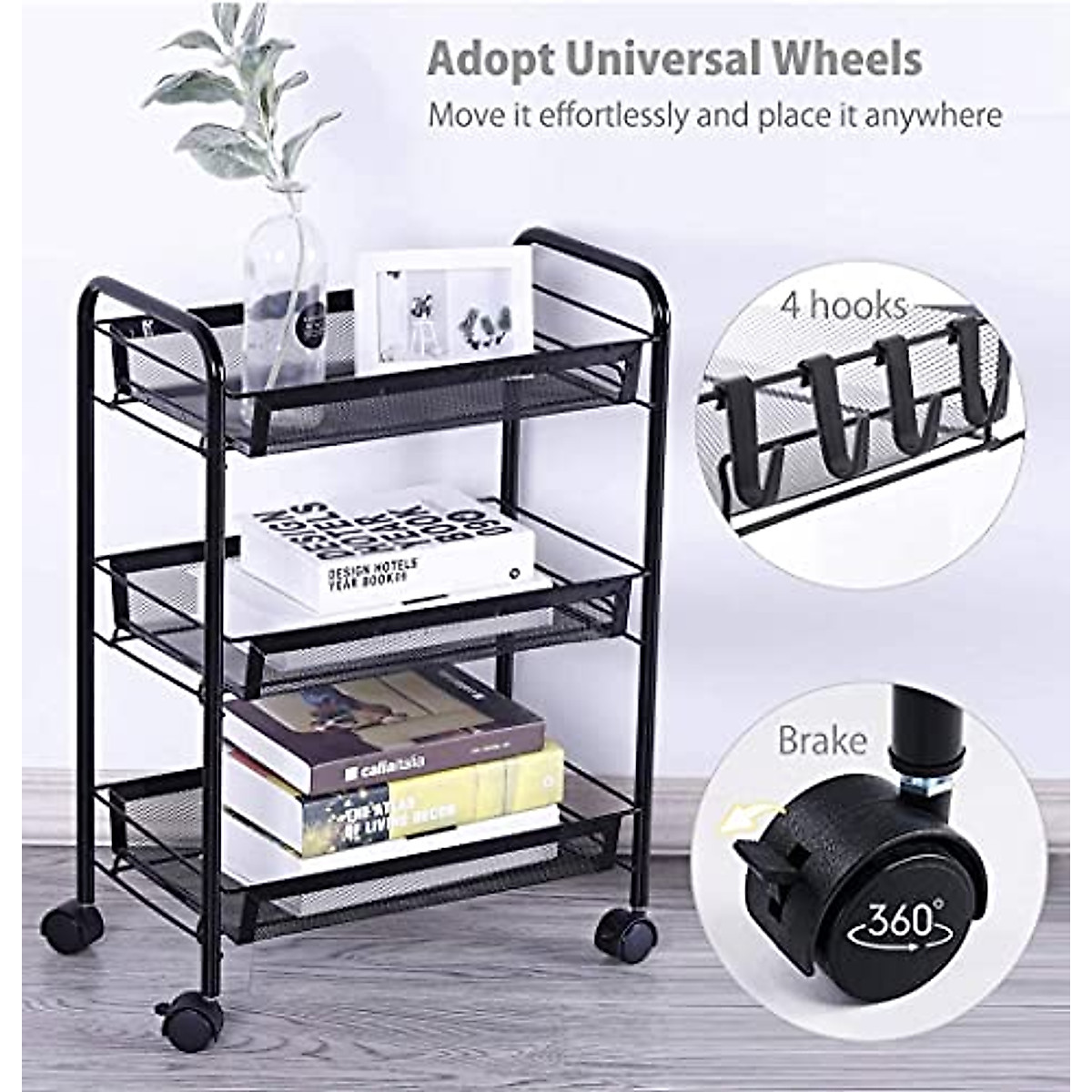 Rolling Storage Cart 3-Tier Metal Mesh Basket Shelves Kitchen Organizer with Wheels(Black)