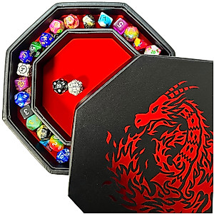 Fantasydice Red Fire Dragon Dice Tray with Lid – 9" Octagon with Dice Staging Area, Holds 5 Dice Sets – Perfect for D&D, Call of Cthulhu, Shadowrun, and All Tabletop RPGs