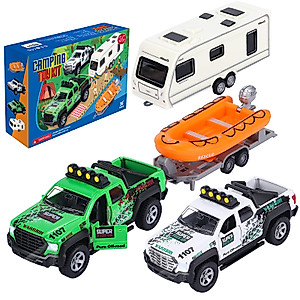 G.C 4 Pack Pickup Truck Trailer Toys for Boys&Girls Kids Toy Camper Boat Diecast Truck Vehicle 1:36 Scale Pull Back Metal Car Toys Playset with Light Sound