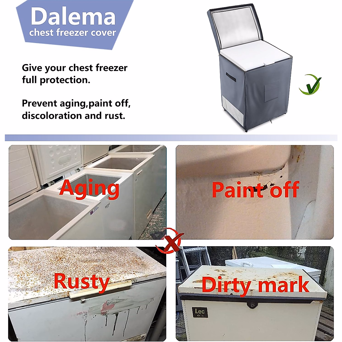Dalema Outdoor Deep Freezer Cover,Heavy Duty 600D 100% Waterproof Chest Freezer Cover,Freezer Covers for Outside 5.0 Cubic Chest Freezer,Top Can Be Opened by Zipper(28"W x 23"D x 34"H,Grey)