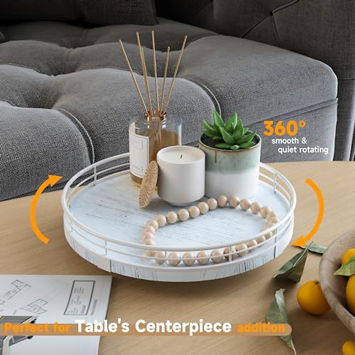 9" Oak Bathroom Vanity Tray Turntable for Perfume Candle, Round Wooden Decorative Tray for Kitchen Sink Countertop Organizer, Bathroom Counter Organizer for Skincare Makeup, Rustic White