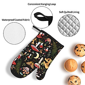 Cute Mushroom Oven Mitts and Pot Holders Sets of 3,Funny Black Gothic Witchy Gifts Heat Resistant Kitchen Mitts Non Slip Washable for Cooking Grilling Baking BBQ Kitchen Decor