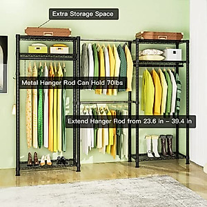 Ulif E1 Heavy Duty Closet Garment Rack, 6 Tiers Adjustable Metal Freestanding Expandable Clothing Storage with 4 Hanger Rods, Easy to Assemble Wardrobe, 70.8” H x (70.8” - 86.6”) L x 14” D, Black