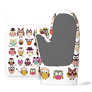 Oven Mitts Pot Holders Sets Funny Owl Cartoon Silicone Oven Gloves Kitchen Accessories for Baking Cooking Family Gathering