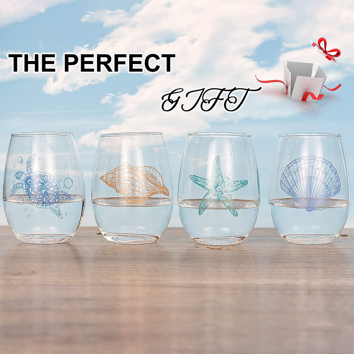 Ocean Themed Stemless Wine Glasses, Set of 4 Seashore Glassware - Sea Turtle, Starfish, Seashell, Conch Shell Assortment, Gifts for Coastal Beach Sea Lovers, Birthday Gifts for Women Mothers Day