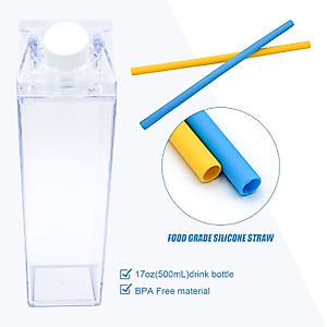 Bac-kitchen 2 Pack 17oz Milk Carton Water Bottle - Clear Square Milk Bottles BPA Free Portable Water Bottle with Straw and Bottle Brush for Outdoor Sports Travel Camping Activities