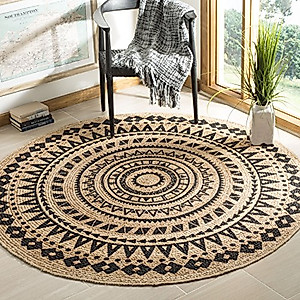 SAFAVIEH Natural Fiber Collection Area Rug - 4' Round, Black & Natural, Handmade Boho Mandala Braided Jute, Ideal for High Traffic Areas in Living Room, Bedroom (NF802K)