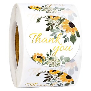 BIOBROWN Shipping Stickers Thank You Gold Foil Sunflower Painting Gift Wrap Stickers, Business Stickers 2 x 2 Inch-500 Total Labels
