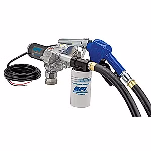 GPI M-180S Fuel Transfer Pump with Filter Kit, 18 GPM, 12-VDC, Automatic Shut-Off Nozzle, 12' Hose, 18' Power Cord (110612-02)