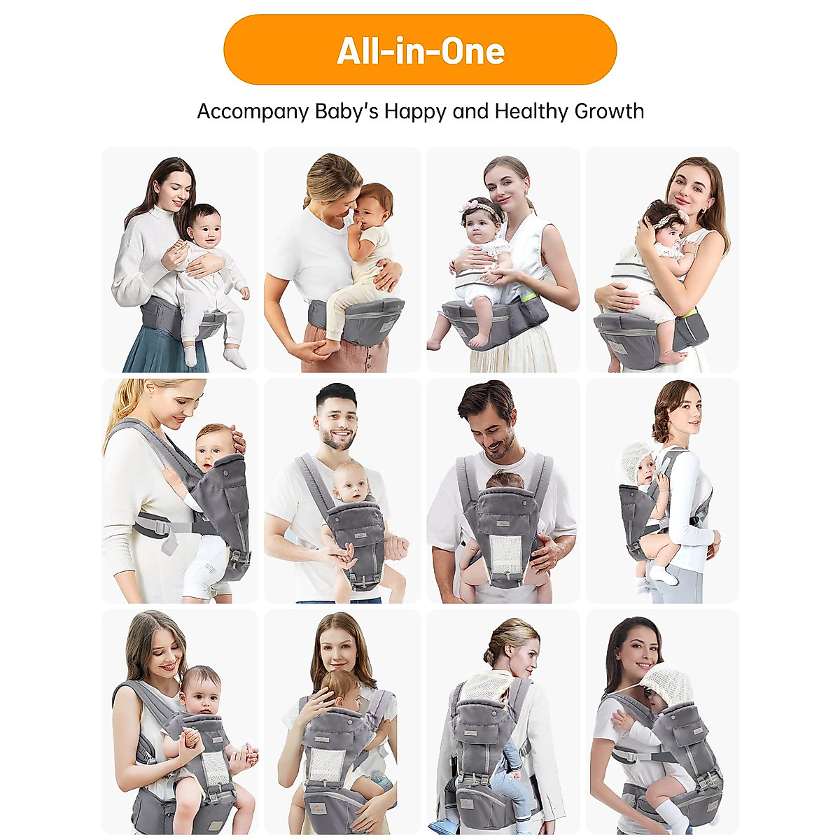 Baby Carrier with Hip Seat, Mumgaroo Baby Carrier Newborn to Toddler All Seasons & All Position Hip Baby Carrier with Hood & Extra Safety Belt, Baby Holder Carrier for Breastfeeding, Infant & Toddler