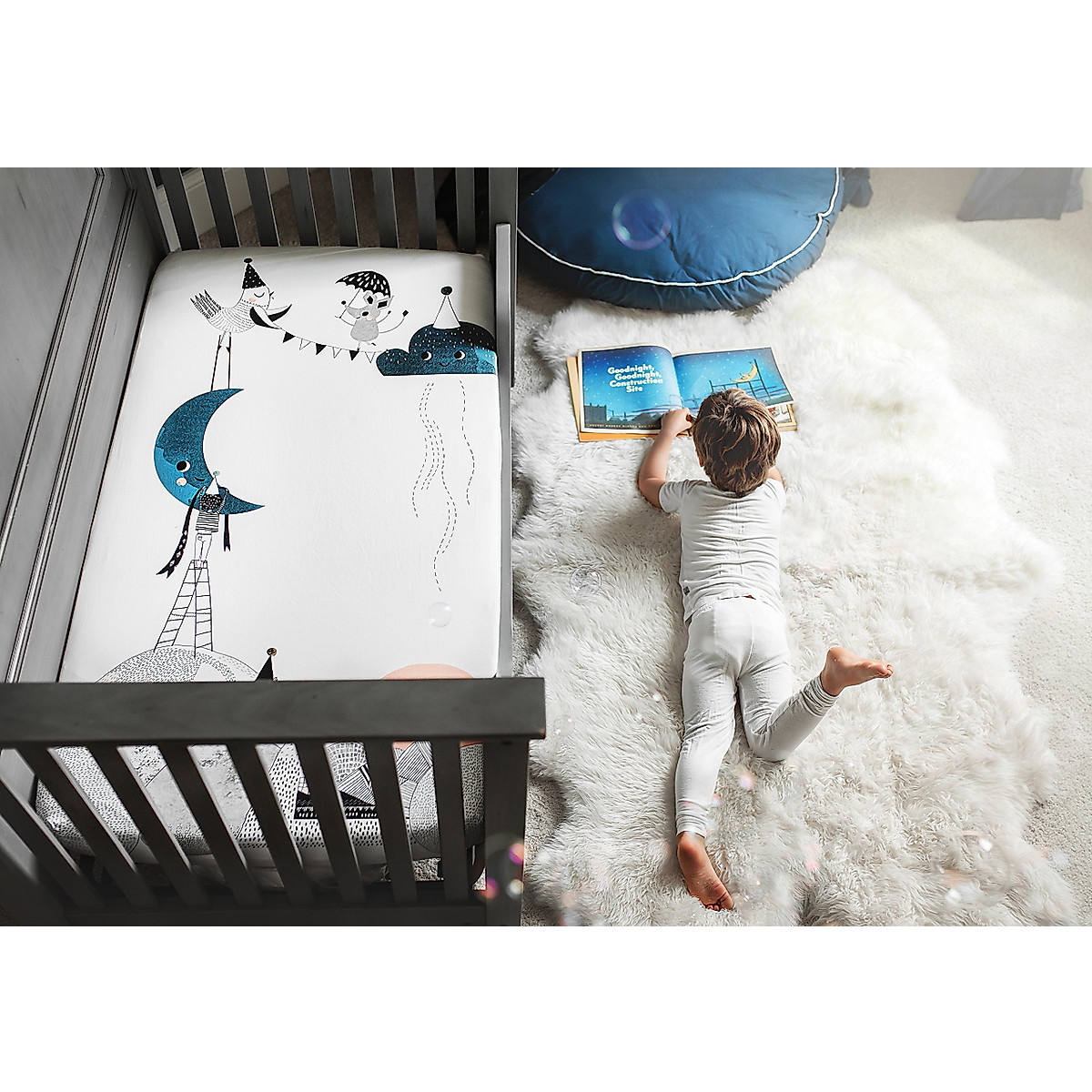 Rookie Humans 100% Cotton Sateen Fitted Crib Sheet: The Moon’s Birthday. Modern Nursery, Use as a Photo Background for Your Baby Pictures. Standard Crib Size (52 x 28 inches) (Standard Cotton Sateen)
