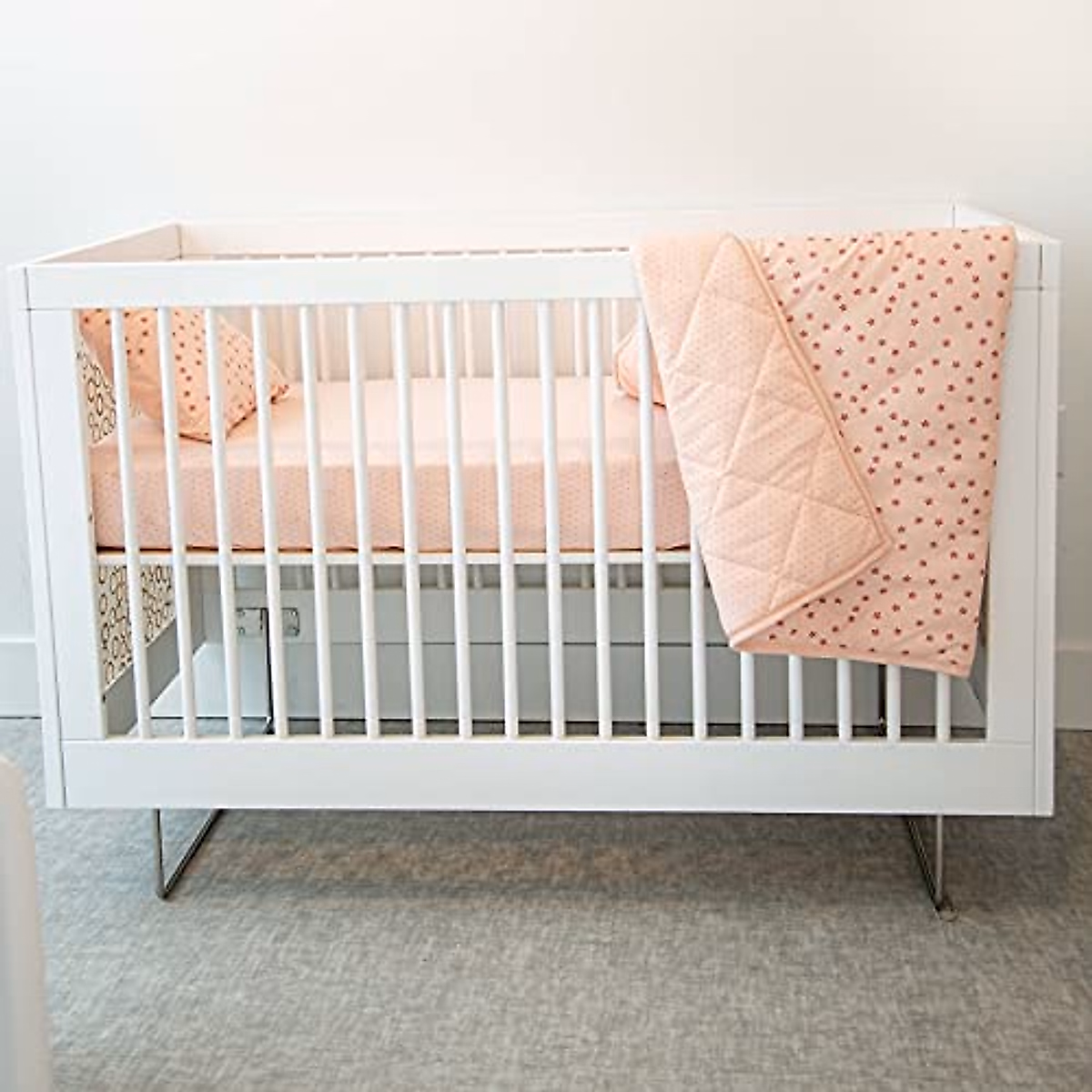 Ely's & Co. Baby Crib Bedding Sets for Girls — Perfect for Toddler Beds — 4 Piece Set Includes Crib Sheet, Quilted Blanket, Crib Skirt, and Baby Pillowcase — Pink Floral Design