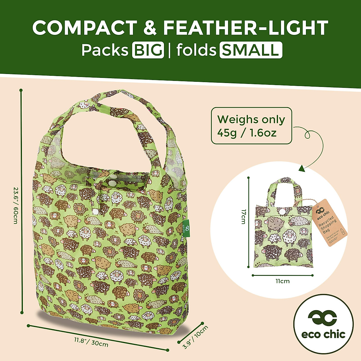 ECO CHIC Foldable Reusable Grocery Bags - Foldable Grocery Bags - Lightweight, Recycled & Reusable Shopping Bags - Waterproof, Packable Tote Fitting in Fine Grocery Bag Carrier