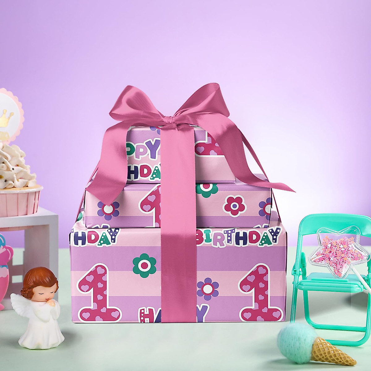 WRAPAHOLIC 1st Birthday Wrapping Paper Sheet - 6 Sheets Pink Happy Birthday with Floral Design Folded Flat for Birthday, Party, Baby Showers - 19.7 Inch X 27.5 Inch Per Sheet