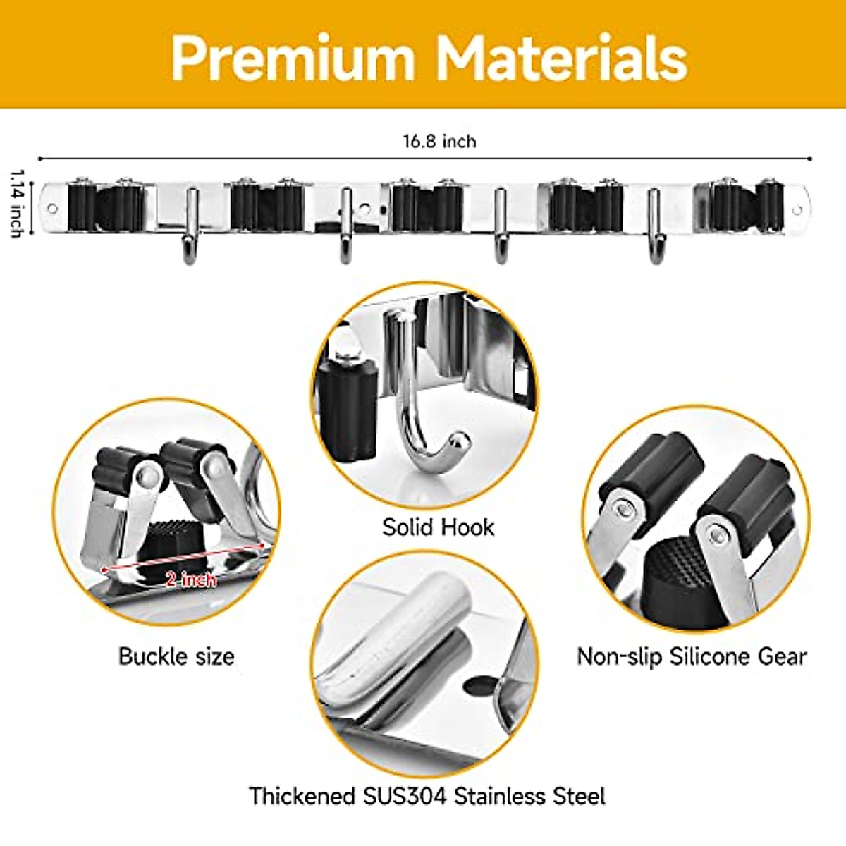 Kozci Mop and Broom Holder Wall Mount, Non-Slip Broom Organizer Wall Mount Self Adhesive Broom Hanger with 5 Racks 4 Hooks Stainless Steel Tools Rack Broom Storage Organizer for Kitchen Garden Garage