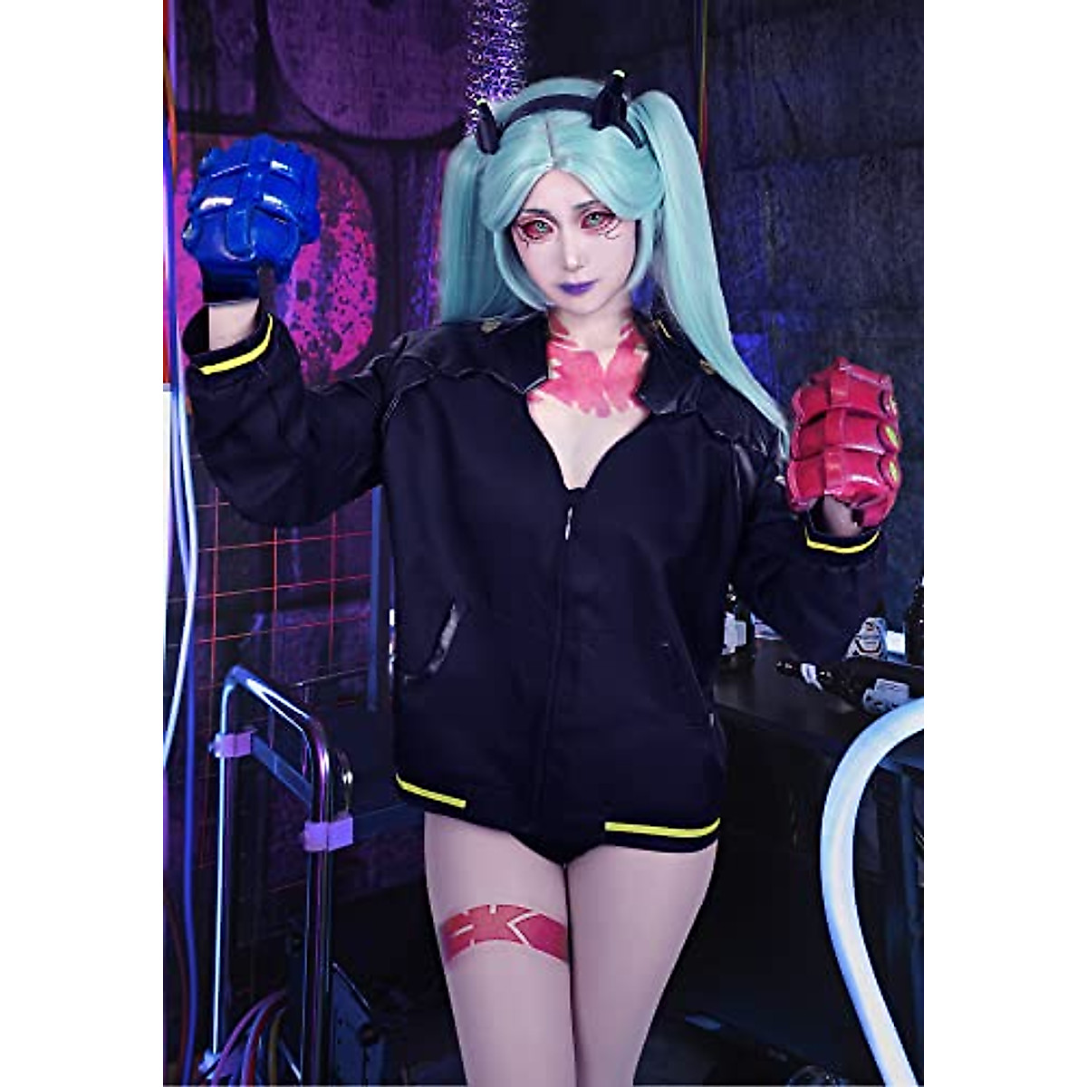 C-ZOFEK Rebecca Cosplay Outfits Black Coat Halloween Costume (X-Large) with Tattoo Stickers (pink)