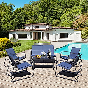 PAIQIAN 4 Piece Patio Outdoor Furniture Set with Strong Powder Coated Metal Frame One Love Seat, Two Single Chairs and one Table for Porch, Balcony, Backyad, Patio Conversation Set (Navy Blue)