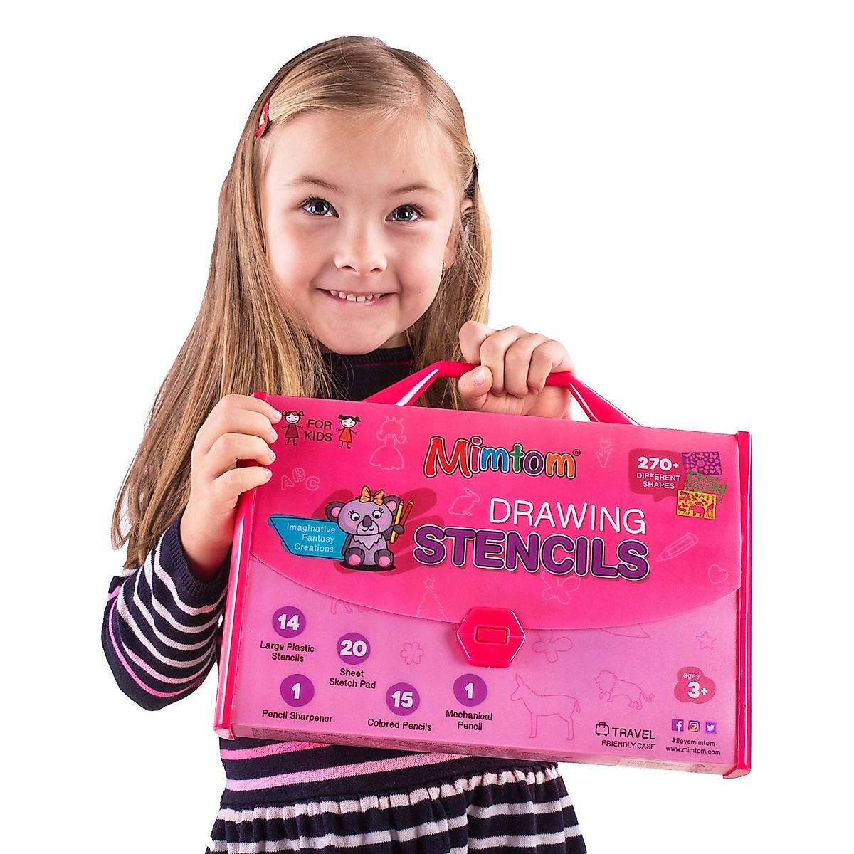 Mimtom Drawing Stencil Kit for Kids, 51 PC Art Set with 270+ Shapes, Sketch Pad, and Colored Pencils for Child's DIY Arts and Crafts, Draw with Princess, Fairies and Animal Stencils, Pink