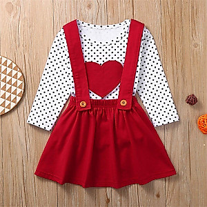 MODNTOGA Toddler Baby Girl Valentines Outfit Long Sleeve Dot Heart Shirt Top+Suspender Strap Red Skirts Set(18M-7Y) (Red, 2-3T)