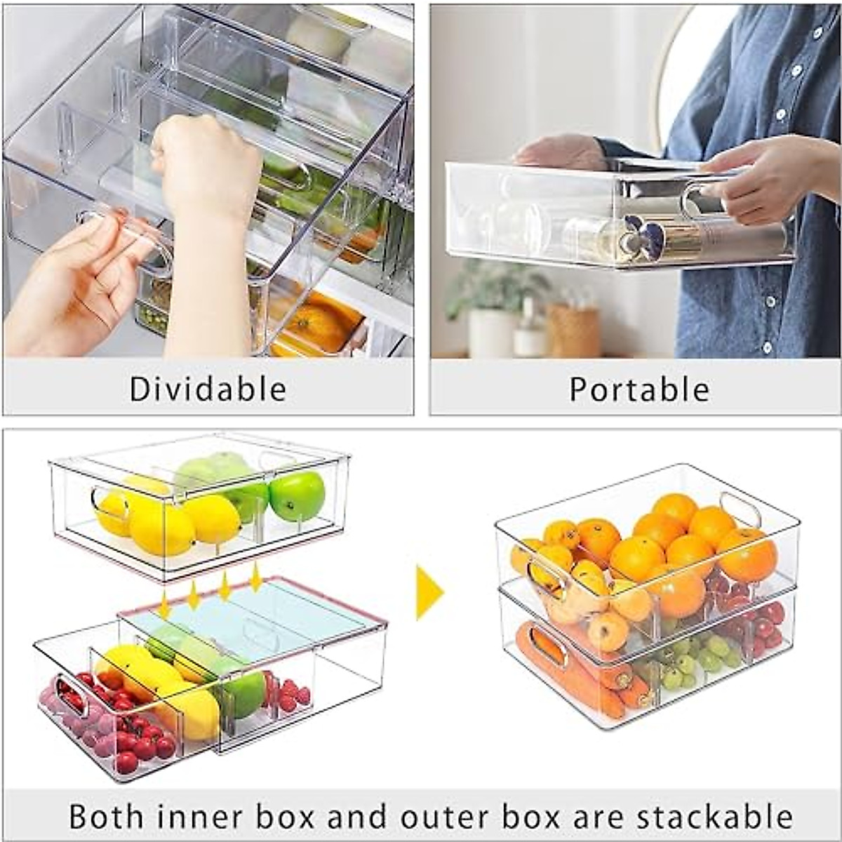 YouLike 4pack Stackable Refrigerator Organizer Bins with Pull-Out Drawer， Fridge Drawers Containers， Refrigerator, Freezer, Vanity & Fridge Organization and Storage（2M+Large+XL）