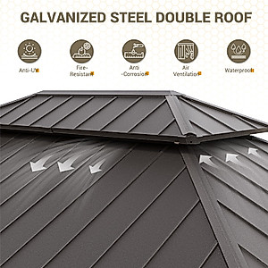 UDPATIO 12' x 16' Hardtop Gazebo, Galvanized Steel Double Roof Permanent Aluminum Gazebo, Outdoor Metal Pergolas with Mosquito Netting and Curtains for Garden, Parties, Patio, Deck, Lawns, Grey