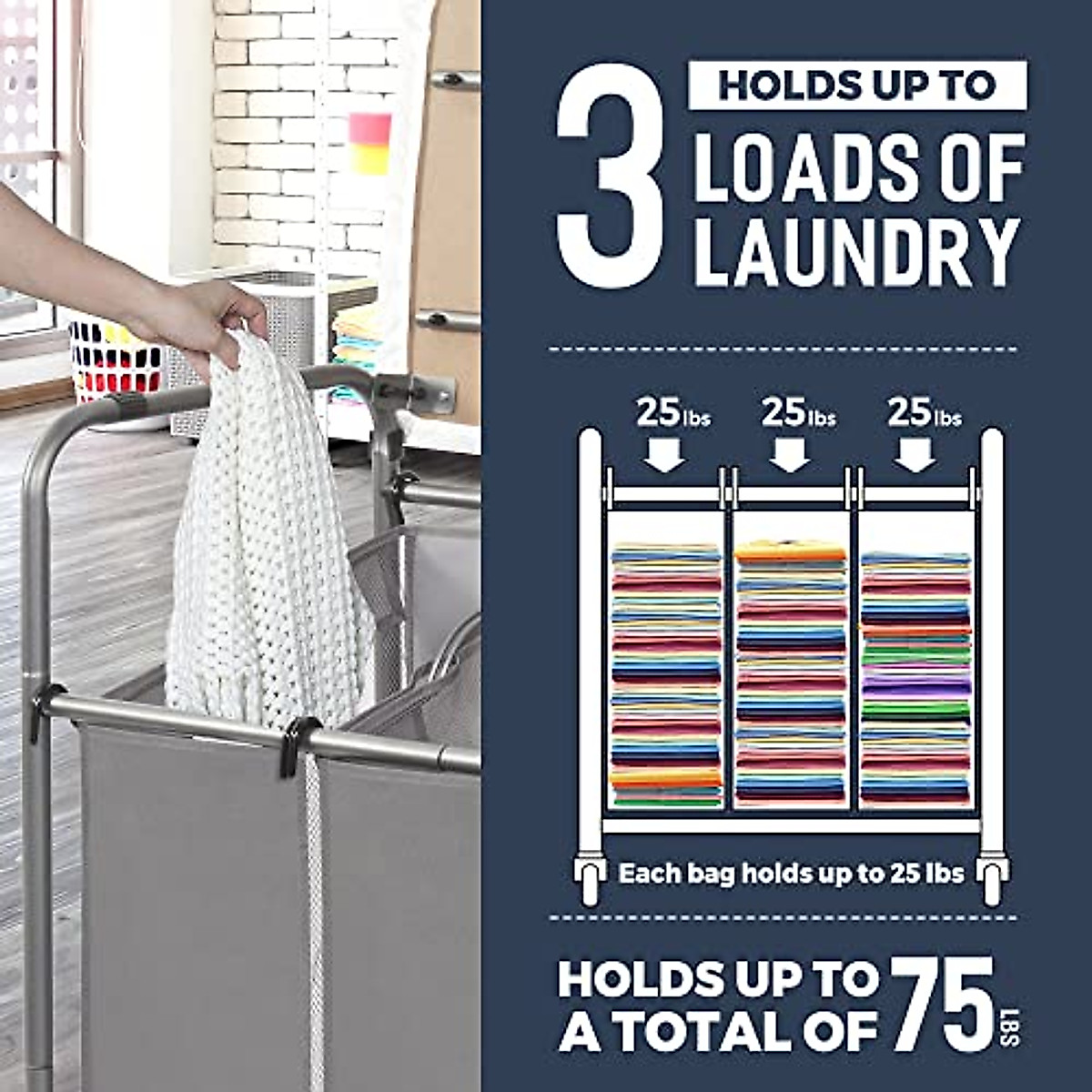 STO STO Laundry Sorter 3 Section with Ironing Board, 3 Bag Laundry Hamper with Folding Table, Laundry Basket with Heavy Duty Lockable Wheels and Removable Bag for Clothes Storage, Gray