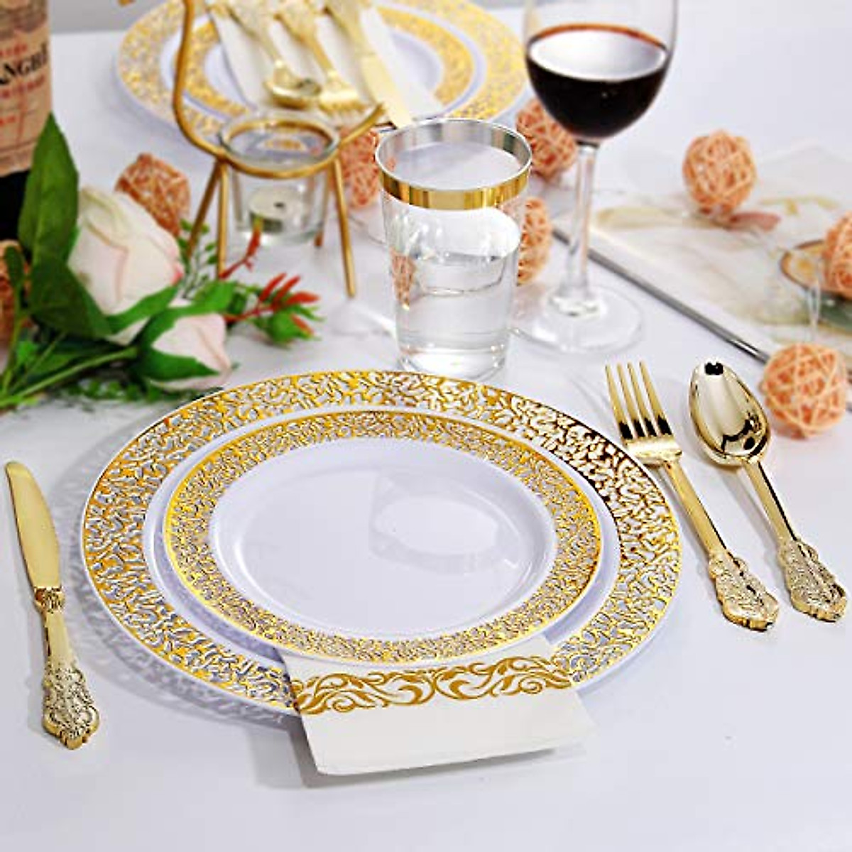 bUCLA 350PCS Gold Plastic Plates with Disposable Plastic Silverware&Hand Napkins, Gold Plastic Dinnerware Lace Design include 100 Plates,50 Forks, 50 Knives, 50 Spoons,50 Cups,50 Disposable Napkins