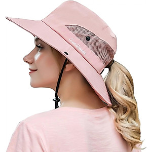 Womens Summer Sun Hat Beach Hat Wide Brim Outdoor UV Protection Hat Packable Mesh Bucket Hat with Ponytail Hole
