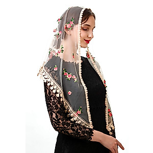 PAMOR Triangle Little Flower Chapel Veils Embroidered Scarf Shawl Latin Mass Head Covering Mantilla Veil for Church (Champagne Rose)