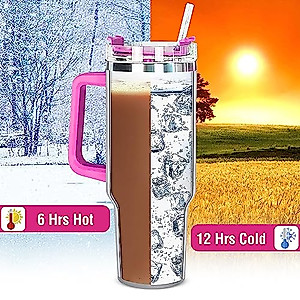 40oz Tumbler with Handle & Straw Lid | Reusable Pink Water Bottle Stainless Steel Travel Mug Tumbler Cups | Pink Tumbler Beach Cup Insulated Cup | Cupholder Friendly (Bright Pink Glitter)