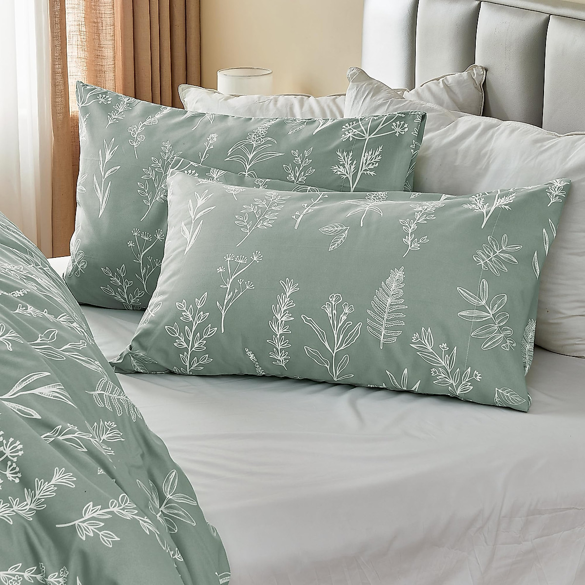 MUXHOMO Duvet Cover Queen Size, Reversible Floral Green Duvet Cover Set with Zipper Closure, 3 Pieces Botanical Patterns Soft Microfiber Bedding Set with 4 Ties (90"x90", 2 Pillow Cases)