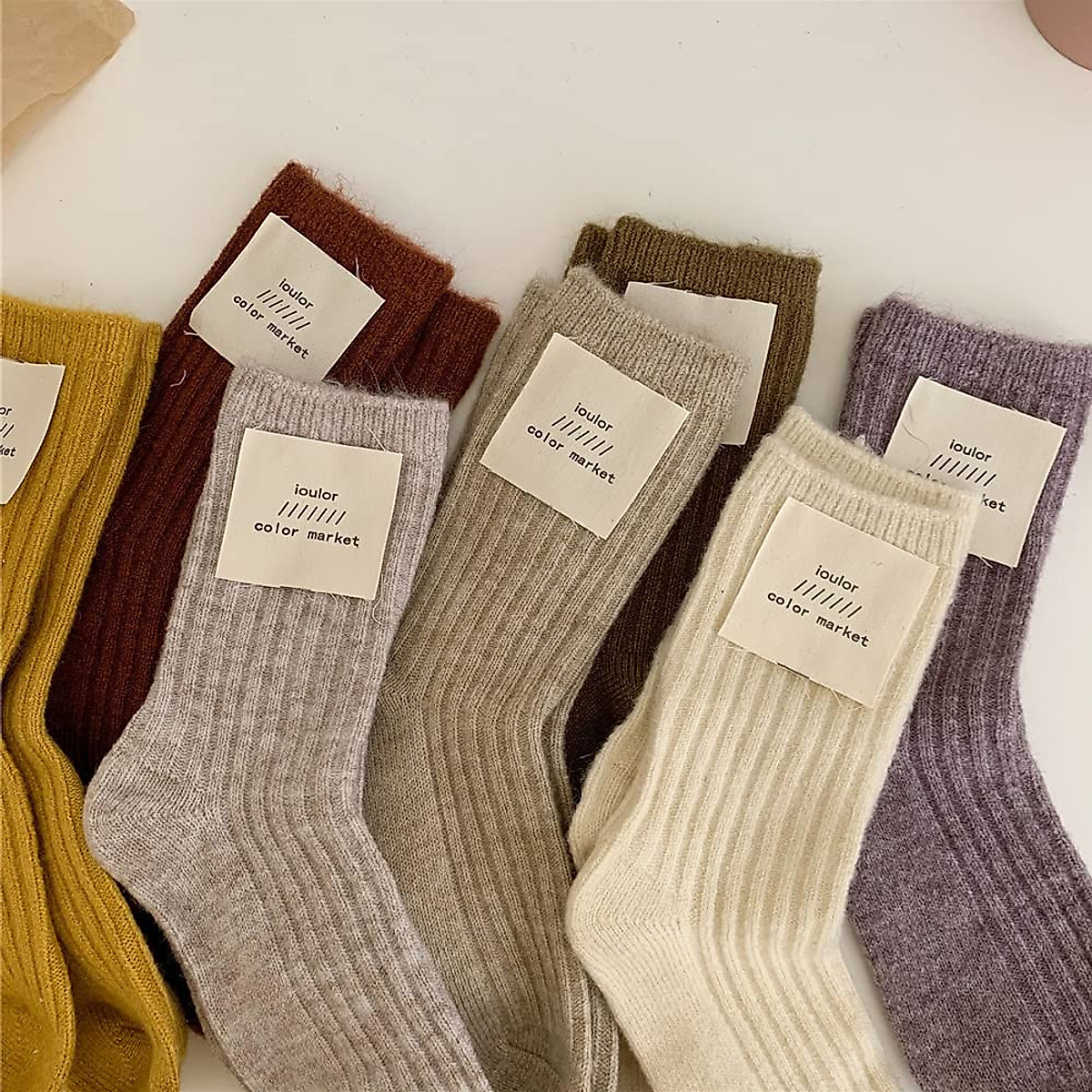 6 Pairs Women Natural Tones Color Crew Socks Girls Wool Socks Aesthetic Socks Knit Boot Socks Warm Novelty Casual Dress Socks (6 Pack Beige Tones)