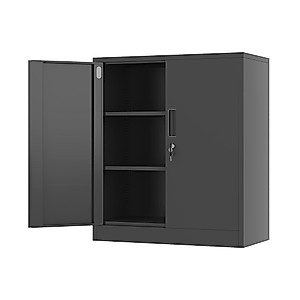 iJINGUR Metal Storage Cabinet with Locking Doors and 2 Adjustable Shelves, Small Lockable Steel Storage Cabinets for Garage Home Office Basement Pantry Classroom and Workshop (Black)